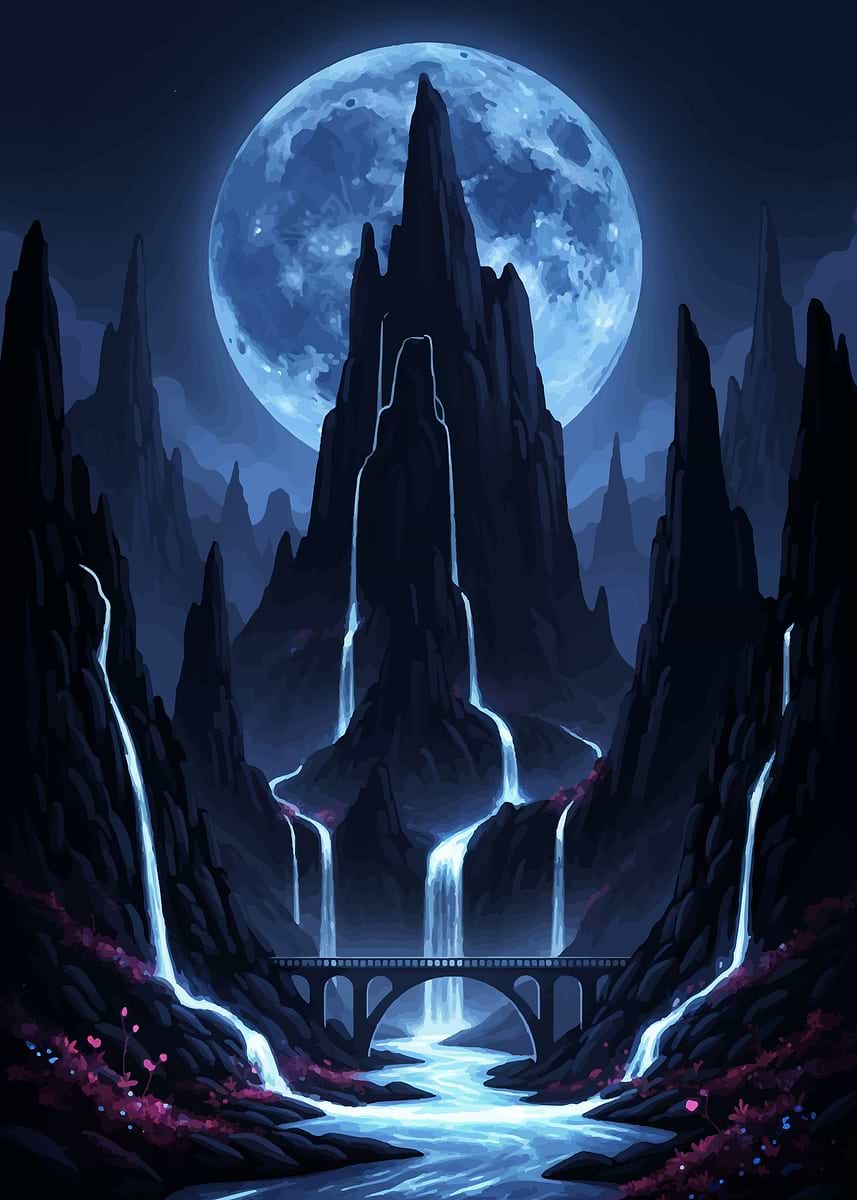 'Fantasy Landscape with Moon and Waterfalls' Poster, picture, metal ...