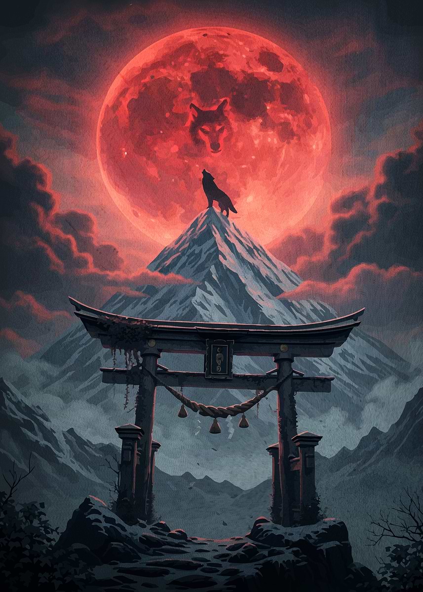 'Wolf Howling Red Moon Torii' Poster, picture, metal print, paint by ...