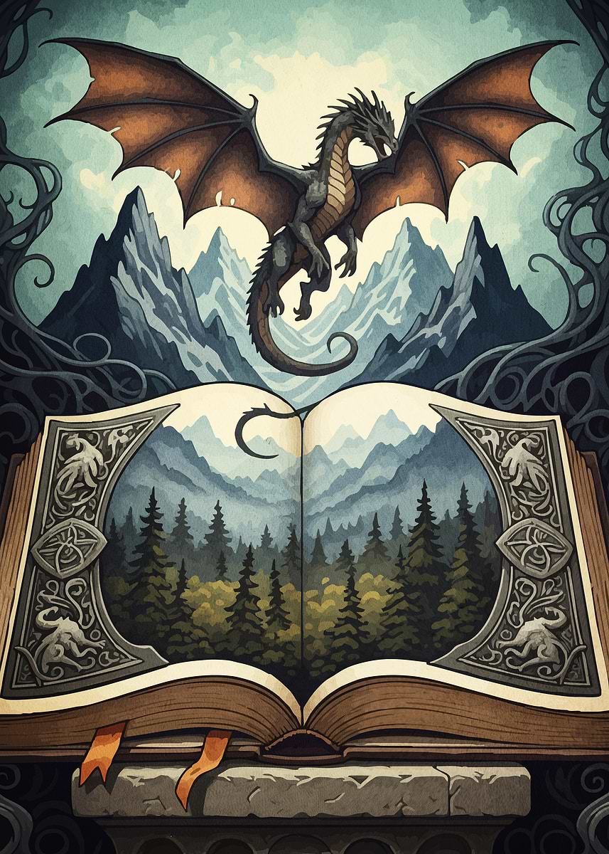 'Dragon emerging from storybook' Poster, picture, metal print, paint by ...