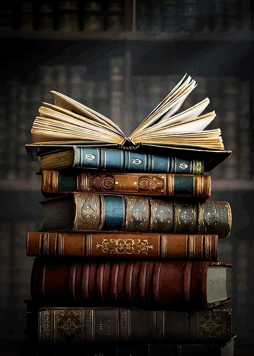 'Stack Antique Leather Bound Book' Poster, picture, metal print, paint ...
