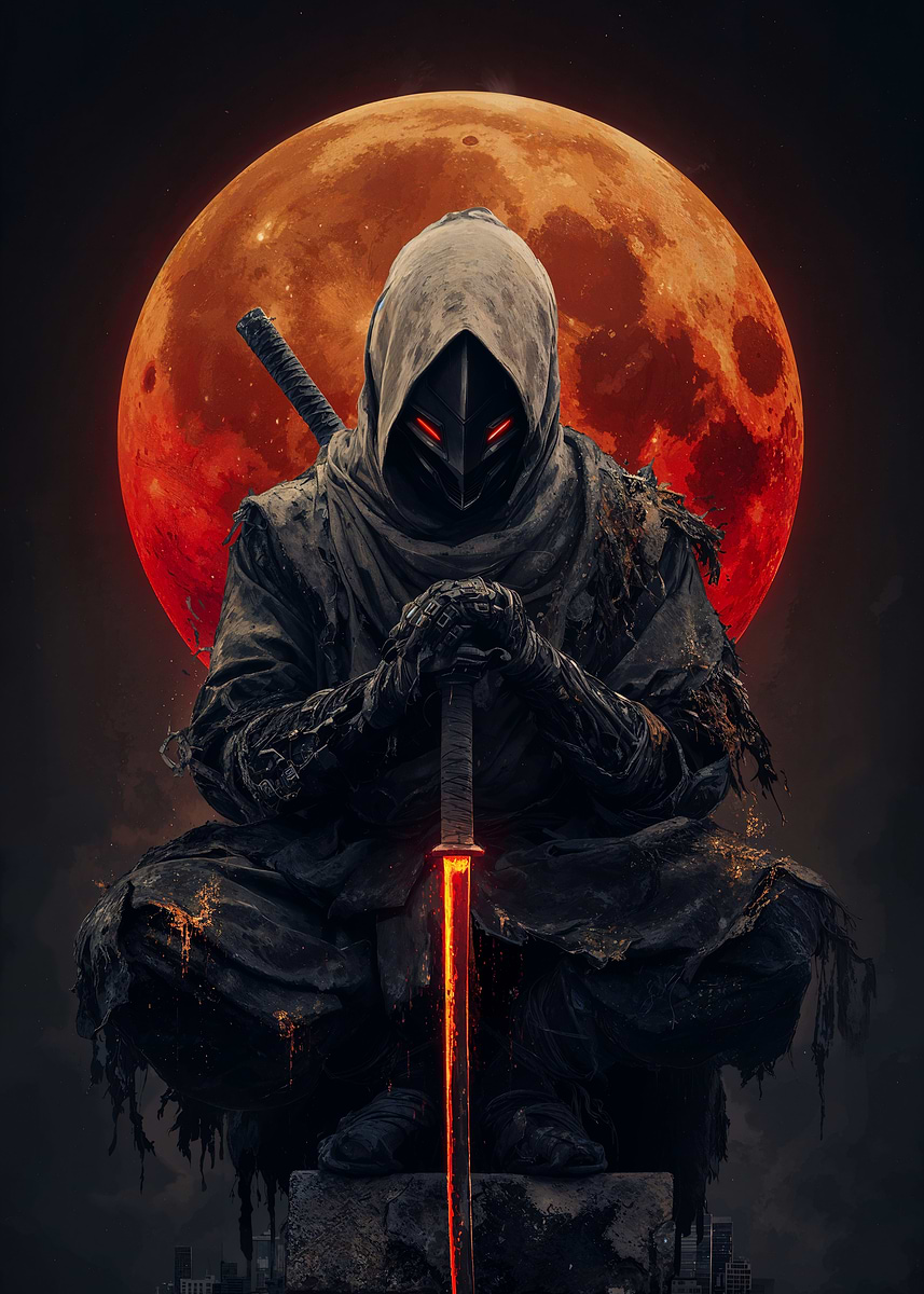 'Hooded Ninja with Glowing Sword and Moon' Poster, picture, metal print ...