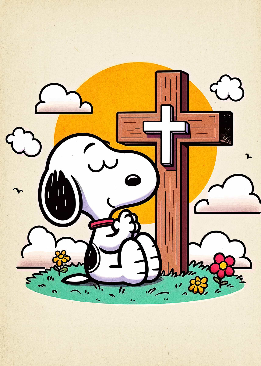 'Snoopy Praying by Cross Cartoon' Poster, picture, metal print, paint ...