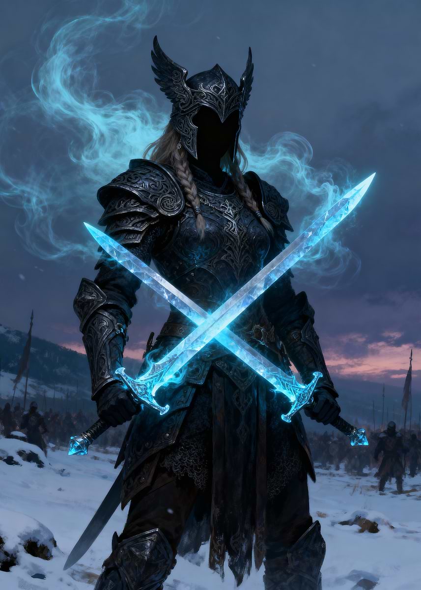 'Fantasy Warrior with Glowing Swords' Poster, picture, metal print ...