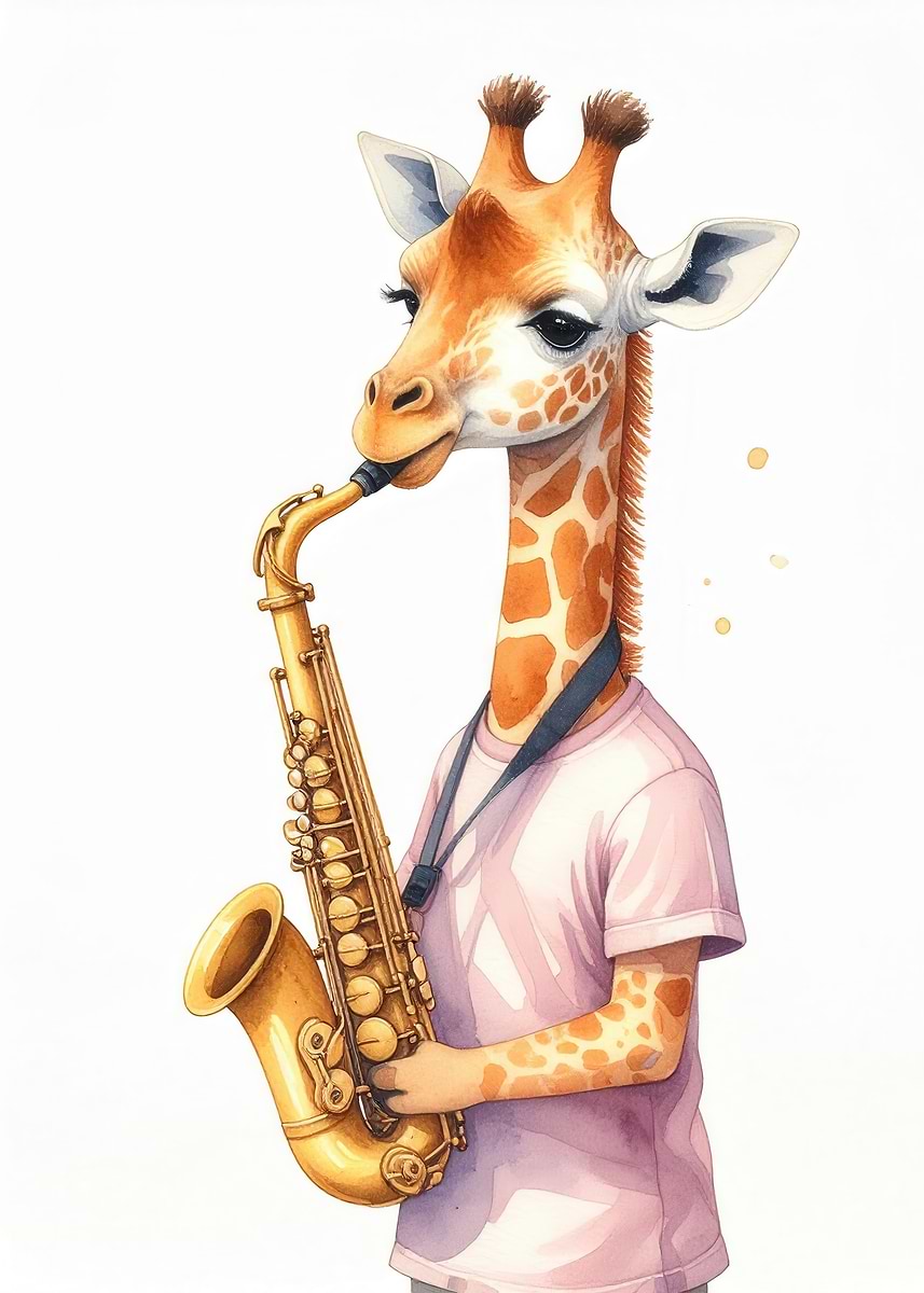 'Giraffe playing saxophone watercolor art' Poster, picture, metal print ...
