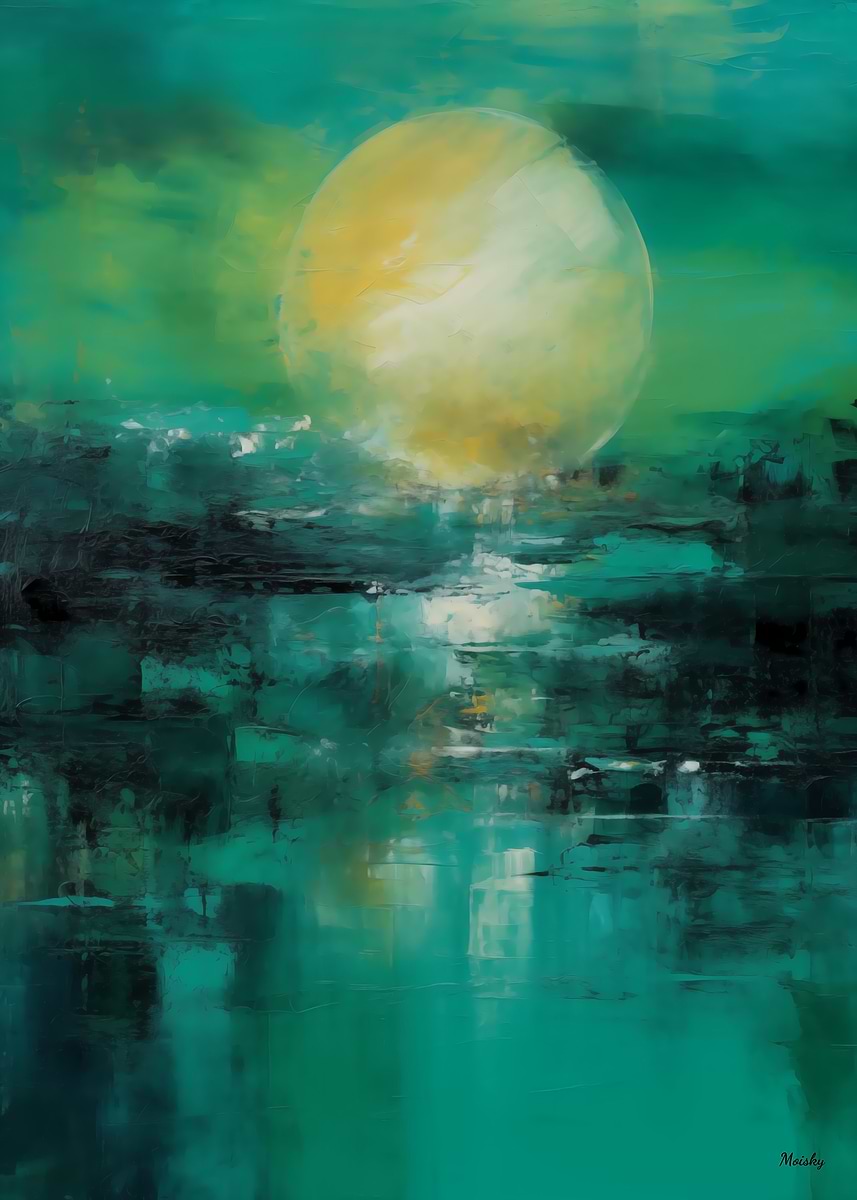'Emerald Horizon – Abstract Sun and Water Reflection' Poster, picture ...