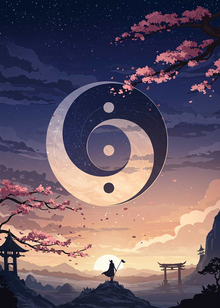 'Yin Yang Landscape with Figure' Poster, picture, metal print, paint by ...