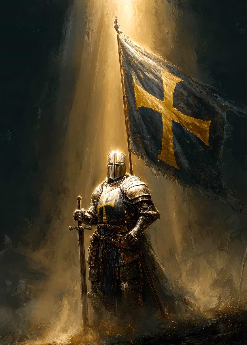 'Knight with Flag in Golden Light' Poster, picture, metal print, paint ...