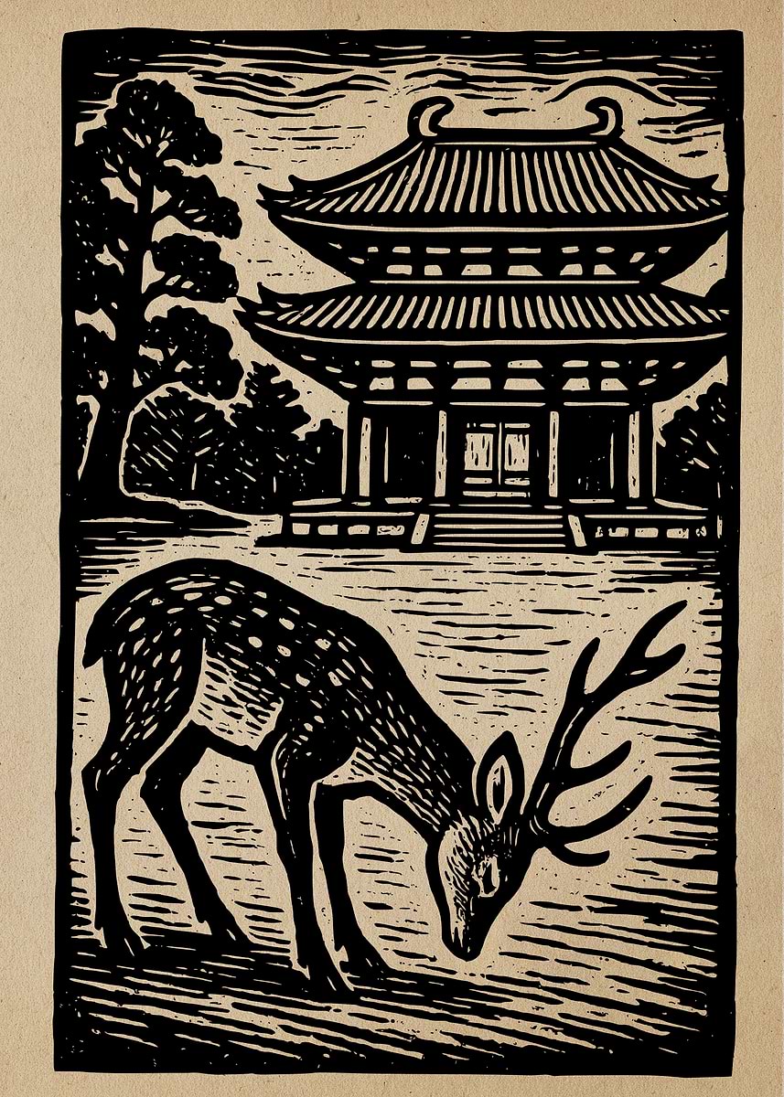 'Deer and Temple Woodcut Print' Poster, picture, metal print, paint by ...