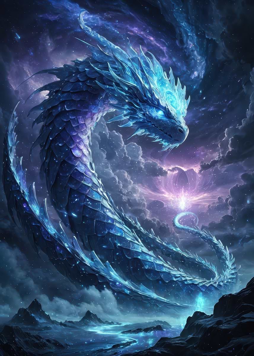 'Cosmic Ice Dragon — Ethereal Blue Fantasy Illustration' Poster ...