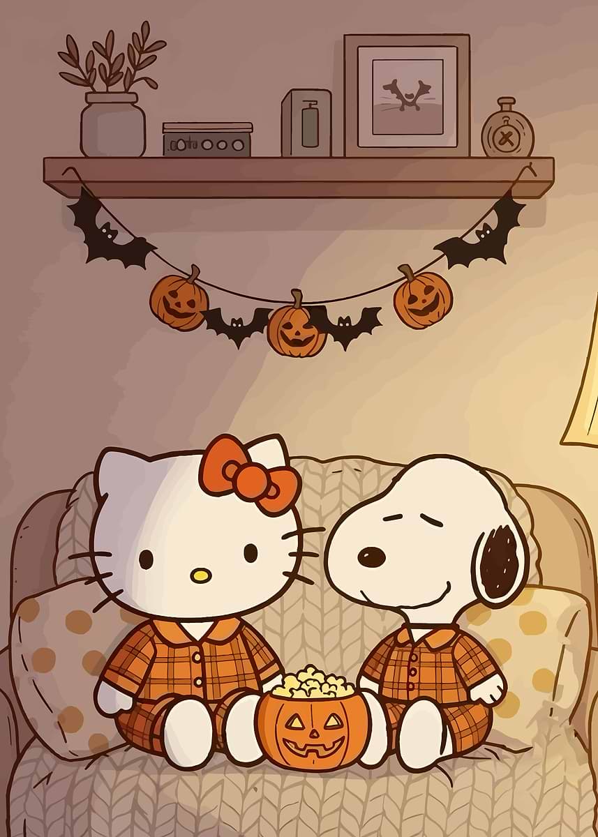 'Hello Kitty and Snoopy Halloween' Poster, picture, metal print, paint ...