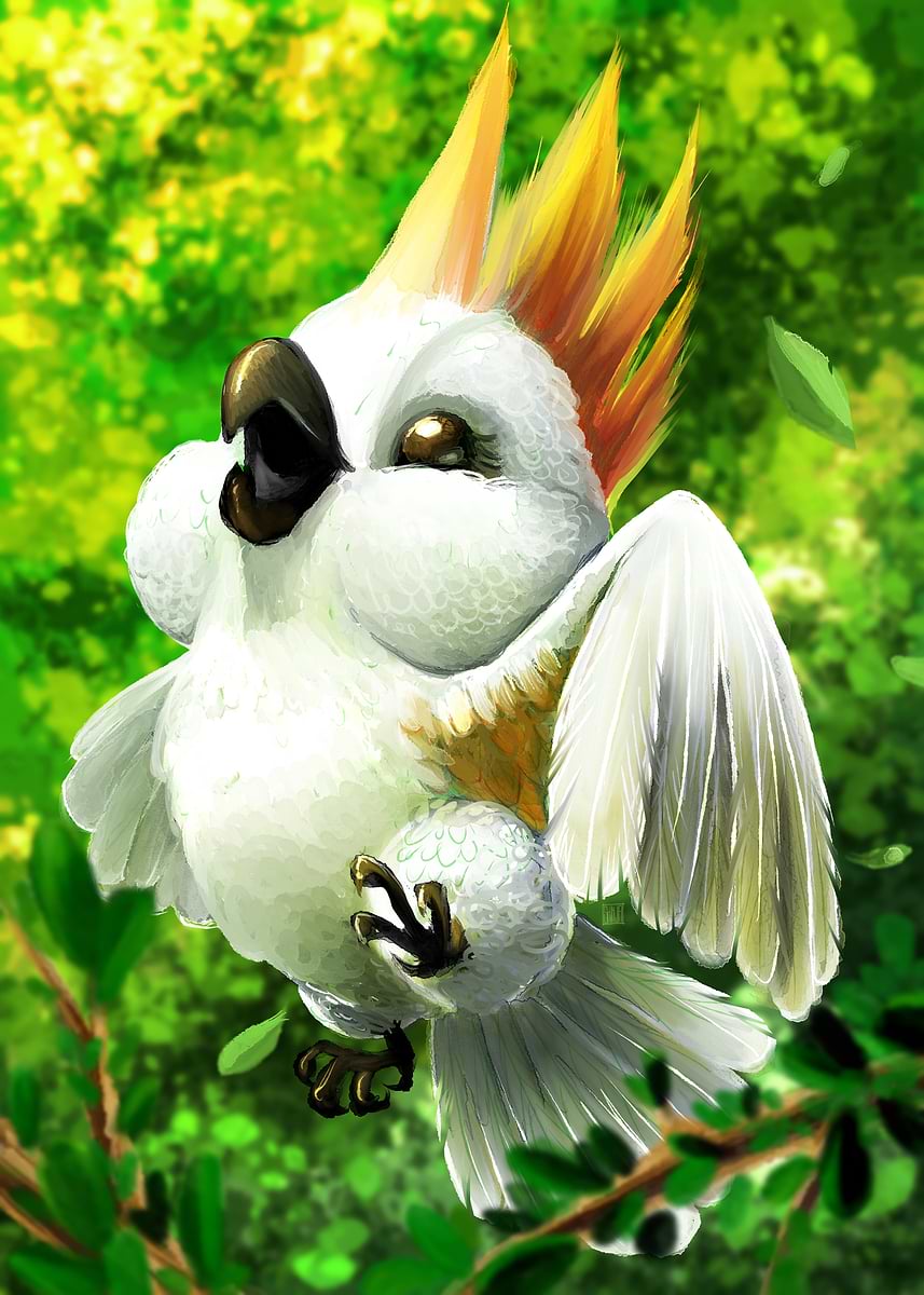 'Cartoon Cockatoo in Lush Greenery' Poster, picture, metal print, paint ...