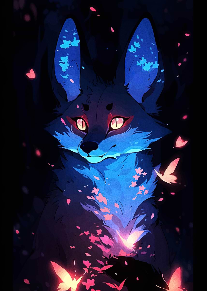 'Glowing Blue Fox with Butterflies' Poster, picture, metal print, paint ...
