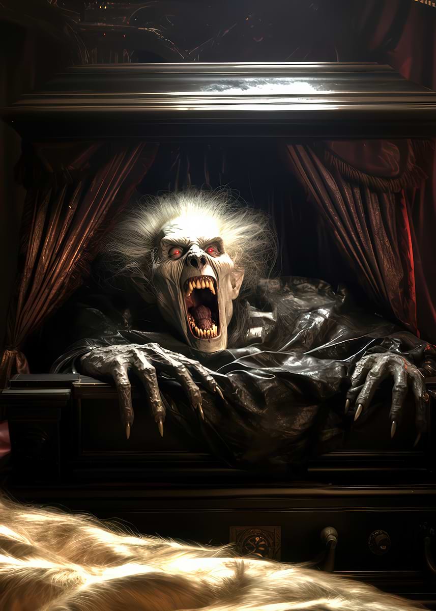 'Vampire emerging from coffin, horror scene' Poster, picture, metal ...