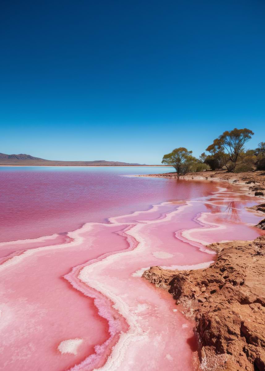 'Pink Lake Landscape with Blue Sky' Poster, picture, metal print, paint ...