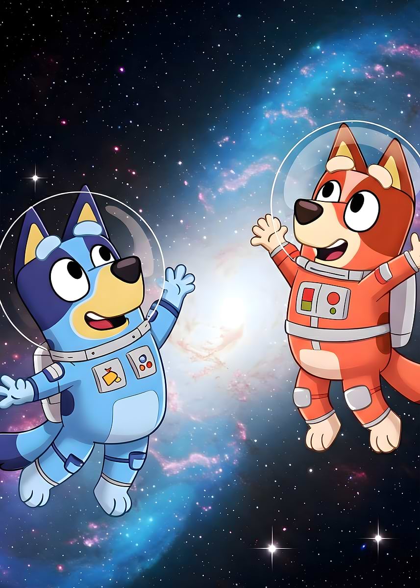 'Bluey and Bingo in Space' Poster, picture, metal print, paint by Zneva ...