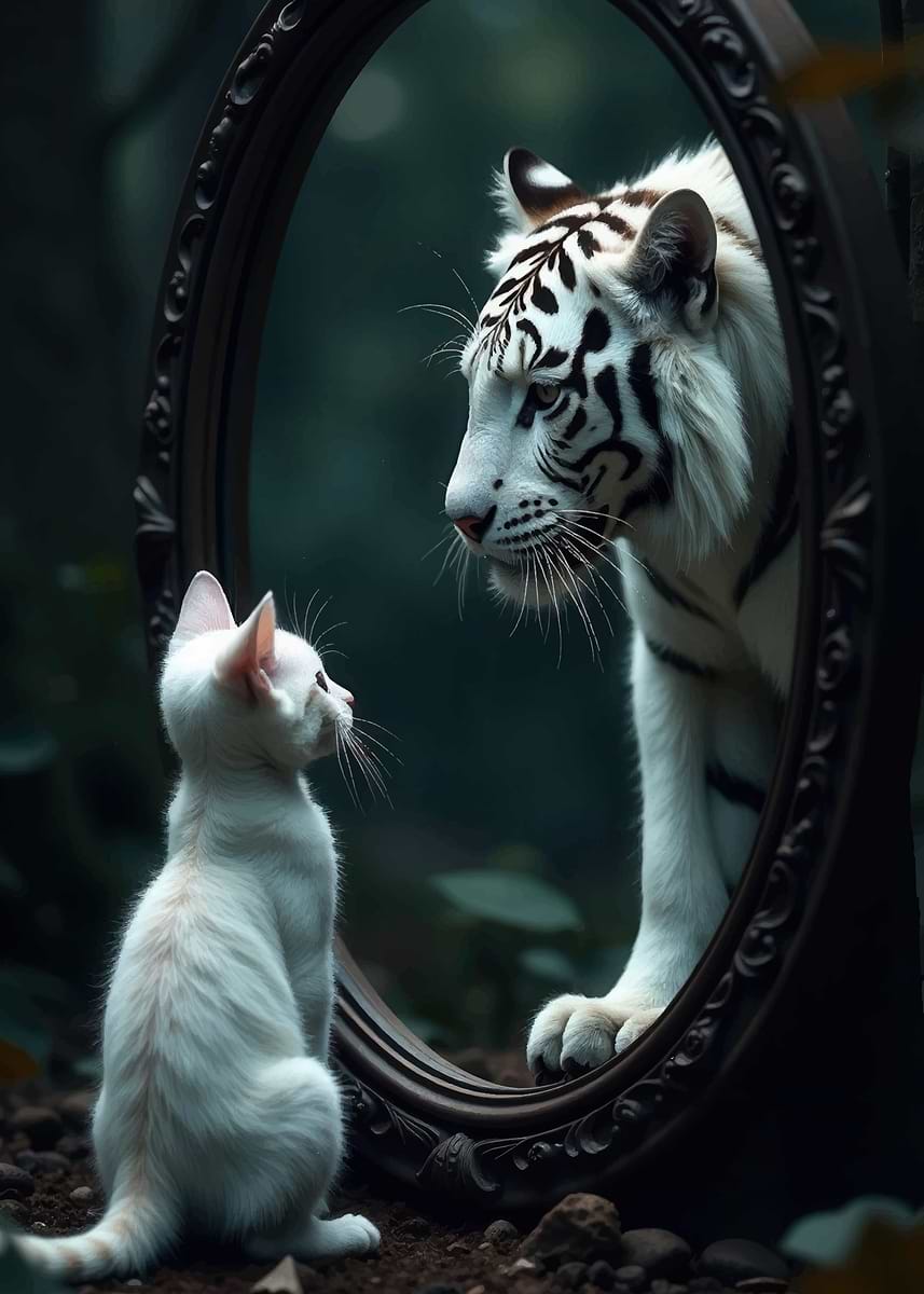 'Cat and Tiger Reflection in Mirror' Poster, picture, metal print ...