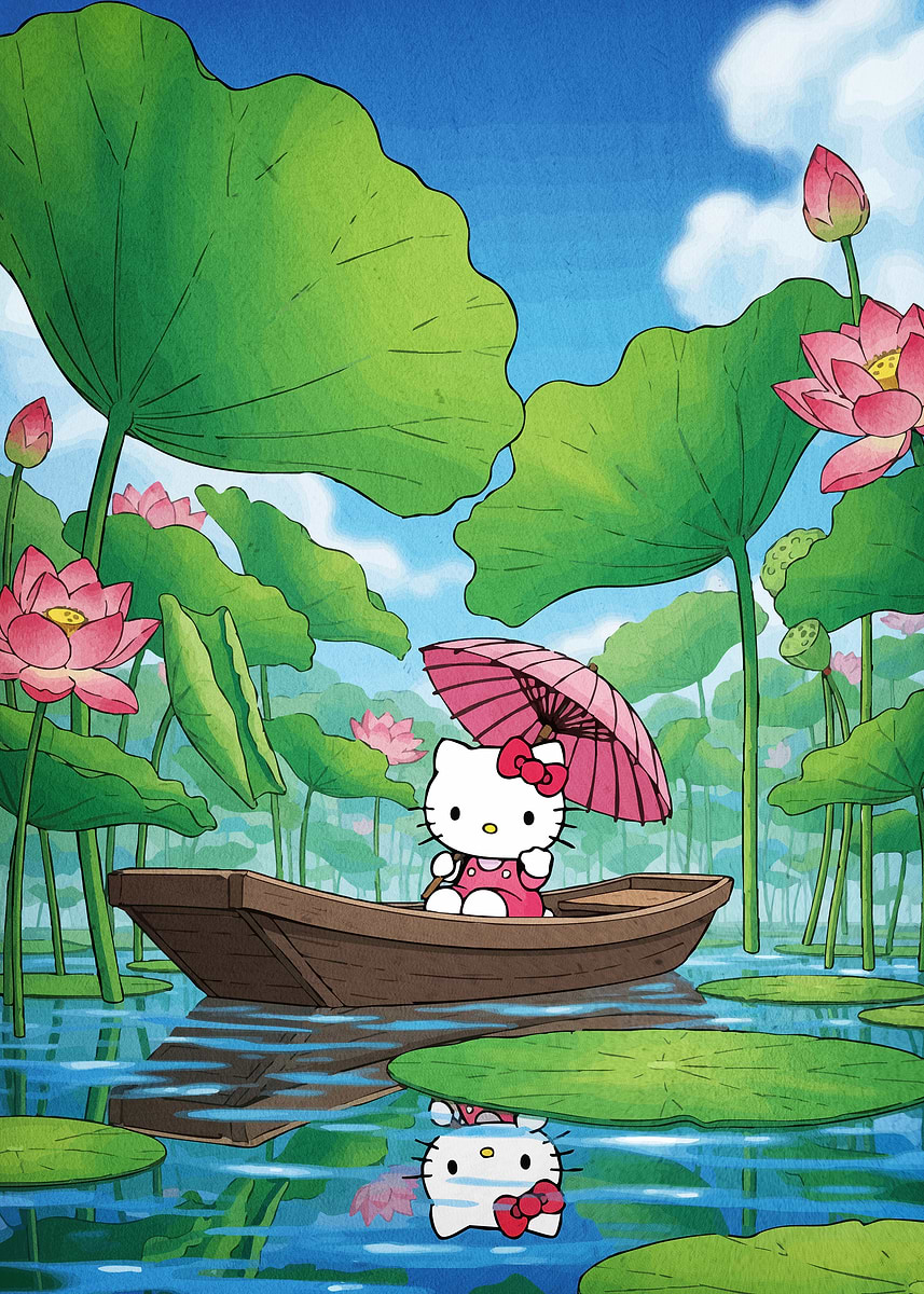'Hello Kitty Lotus Pond' Poster, picture, metal print, paint by Ayla ...