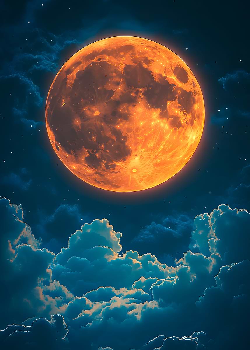 'Orange Moon Above Clouds at Night' Poster, picture, metal print, paint ...