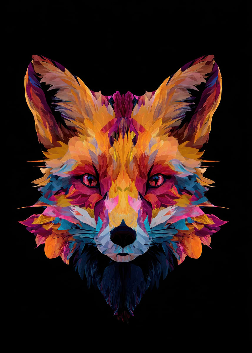 'Colorful Fox Portrait on Black Background' Poster, picture, metal ...