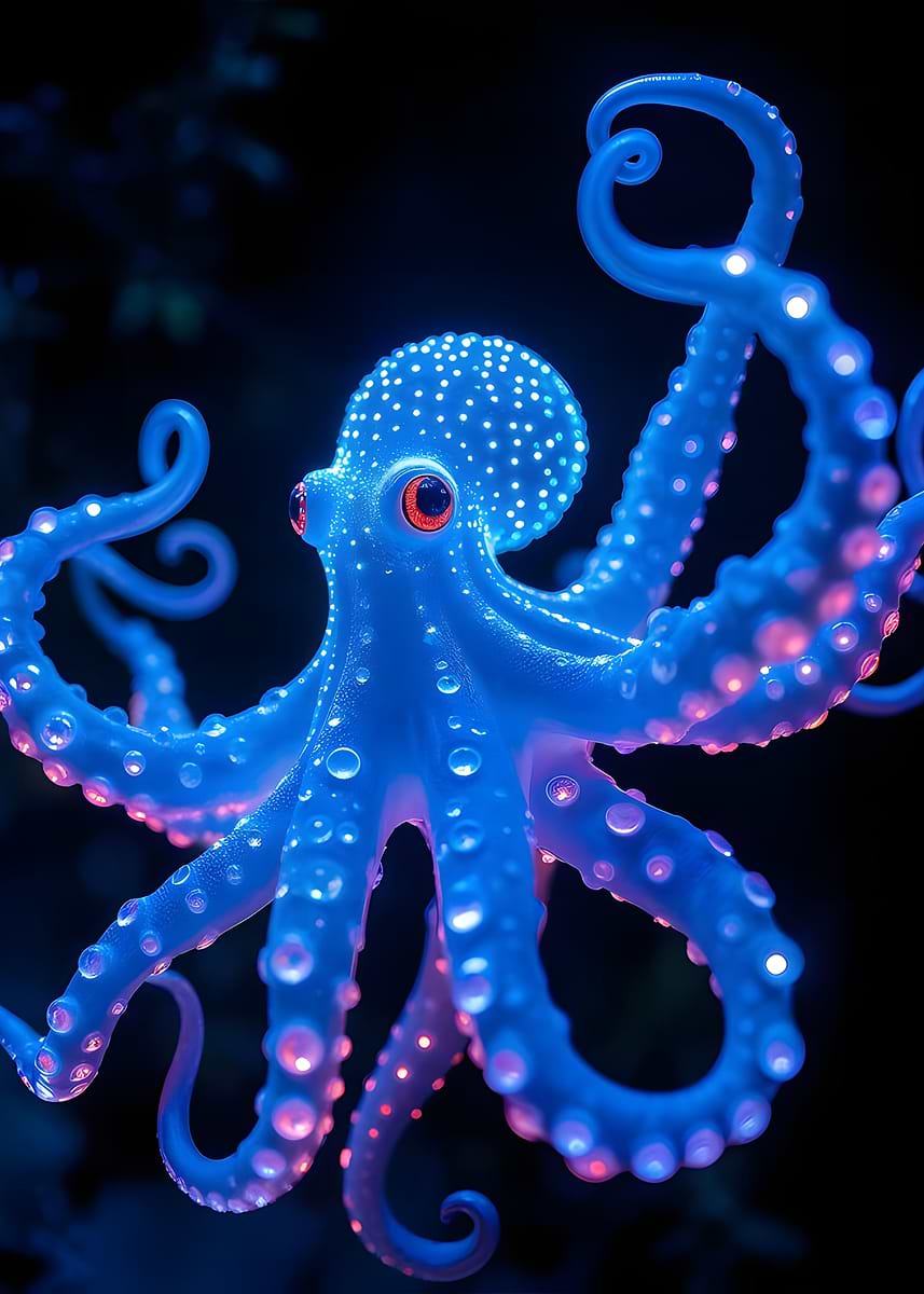 'Glowing Blue Octopus in Dark Water' Poster, picture, metal print ...