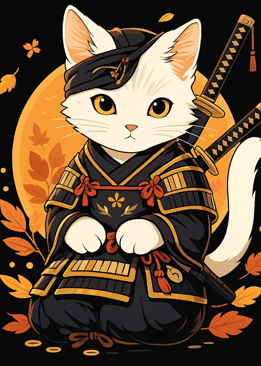 'Samurai Cat Warrior with Swords' Poster, picture, metal print, paint ...