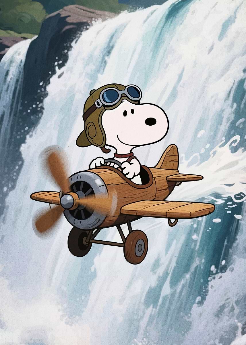 'Snoopy Flying Airplane Cartoon Waterfall' Poster, picture, metal print ...