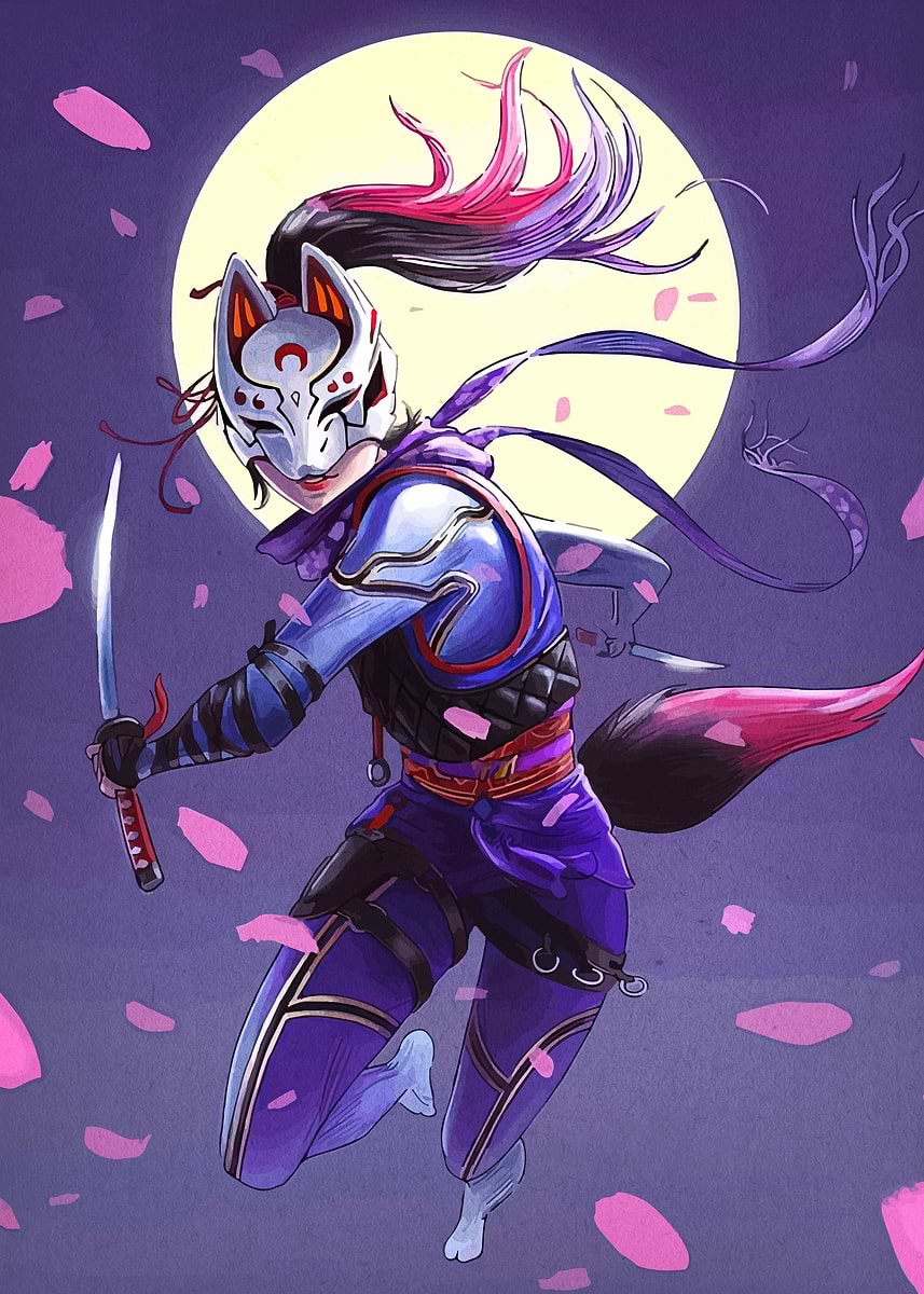 'Fox Mask Warrior with Swords' Poster, picture, metal print, paint by ...