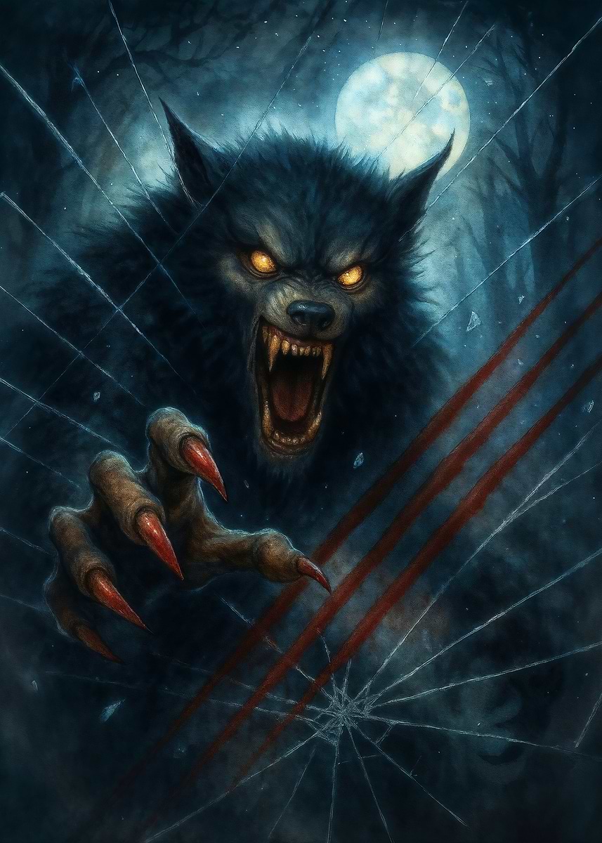 'Werewolf Breaking Through Glass Under Full Moon' Poster, picture ...