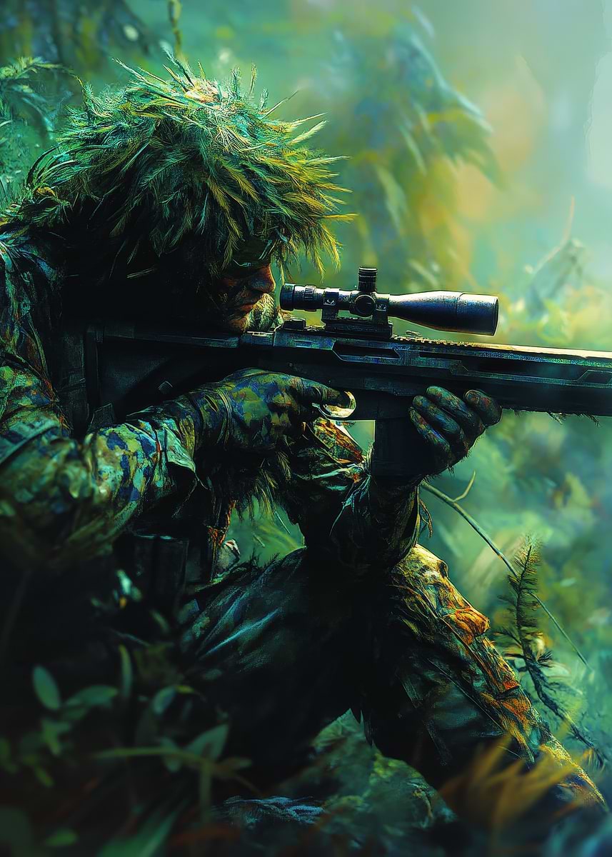 'Camouflaged Sniper in Lush Greenery' Poster, picture, metal print ...
