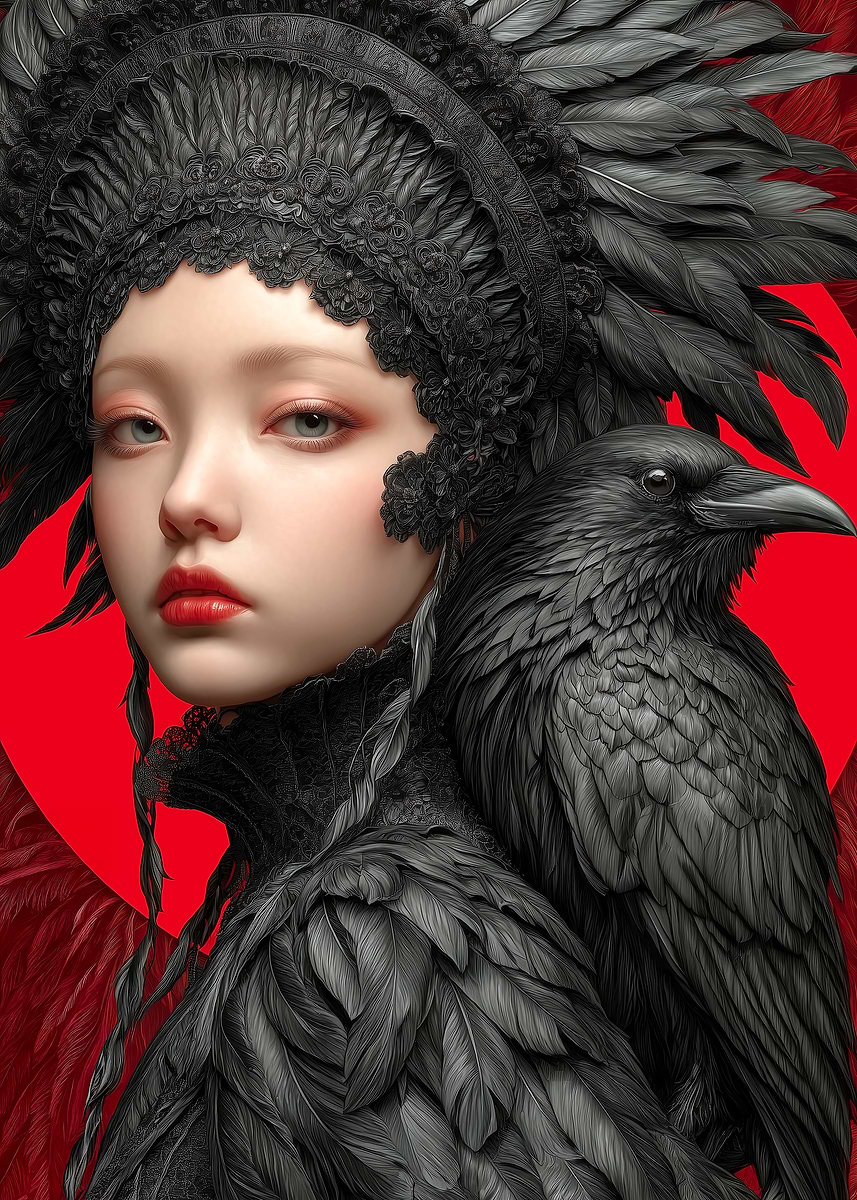'Raven Queen Portrait with Red Backdrop' Poster, picture, metal print ...