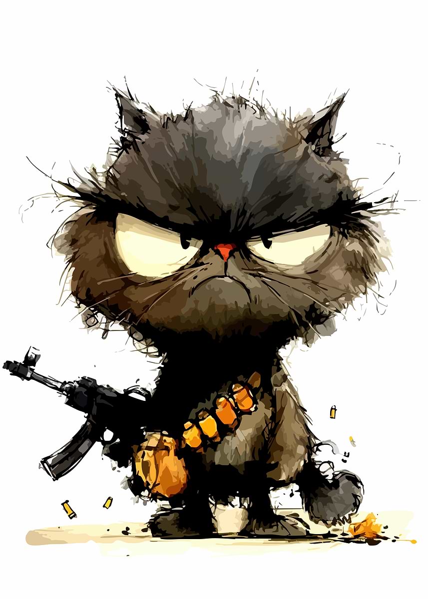 'Grumpy Cat with Gun' Poster, picture, metal print, paint by Adrian May ...