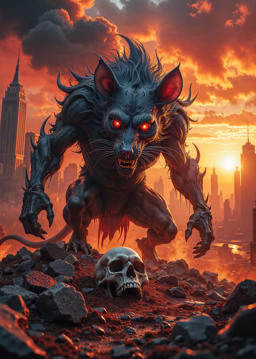'Mutant Rat Monster in Cityscape' Poster, picture, metal print, paint ...