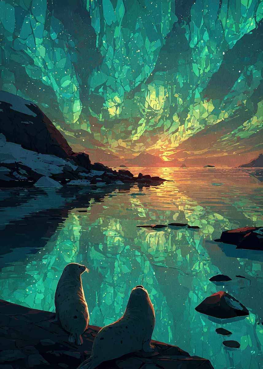 'Seals under Aurora Borealis Reflection' Poster, picture, metal print ...