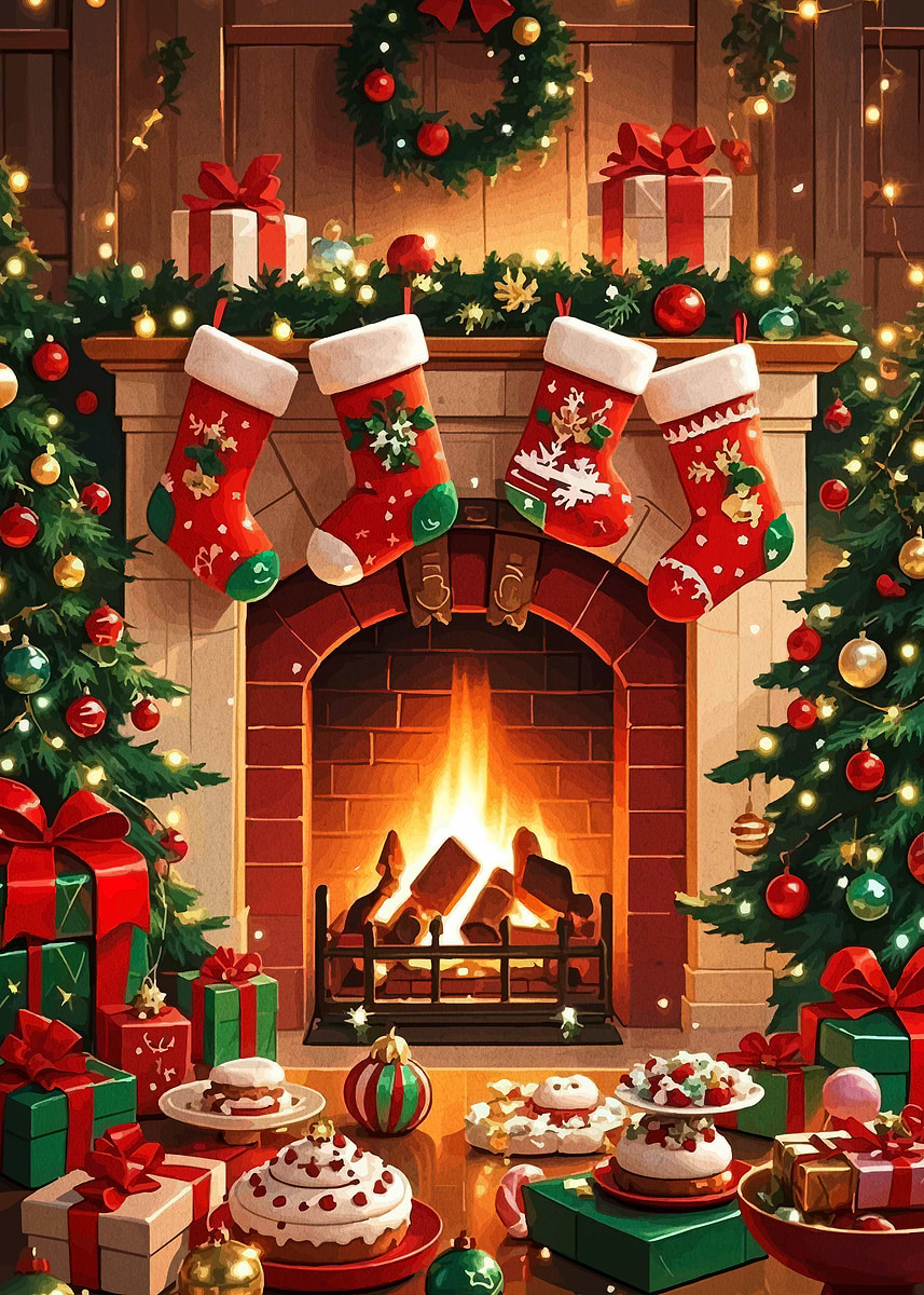 'Festive Christmas Fireplace Scene' Poster, picture, metal print, paint ...
