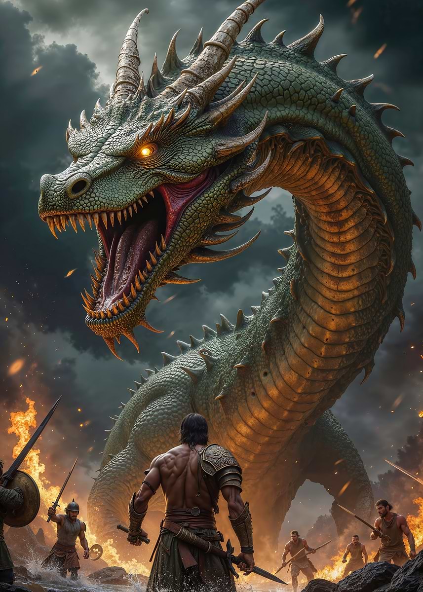 'Dragon and Warriors Fantasy Battle Scene' Poster, picture, metal print ...