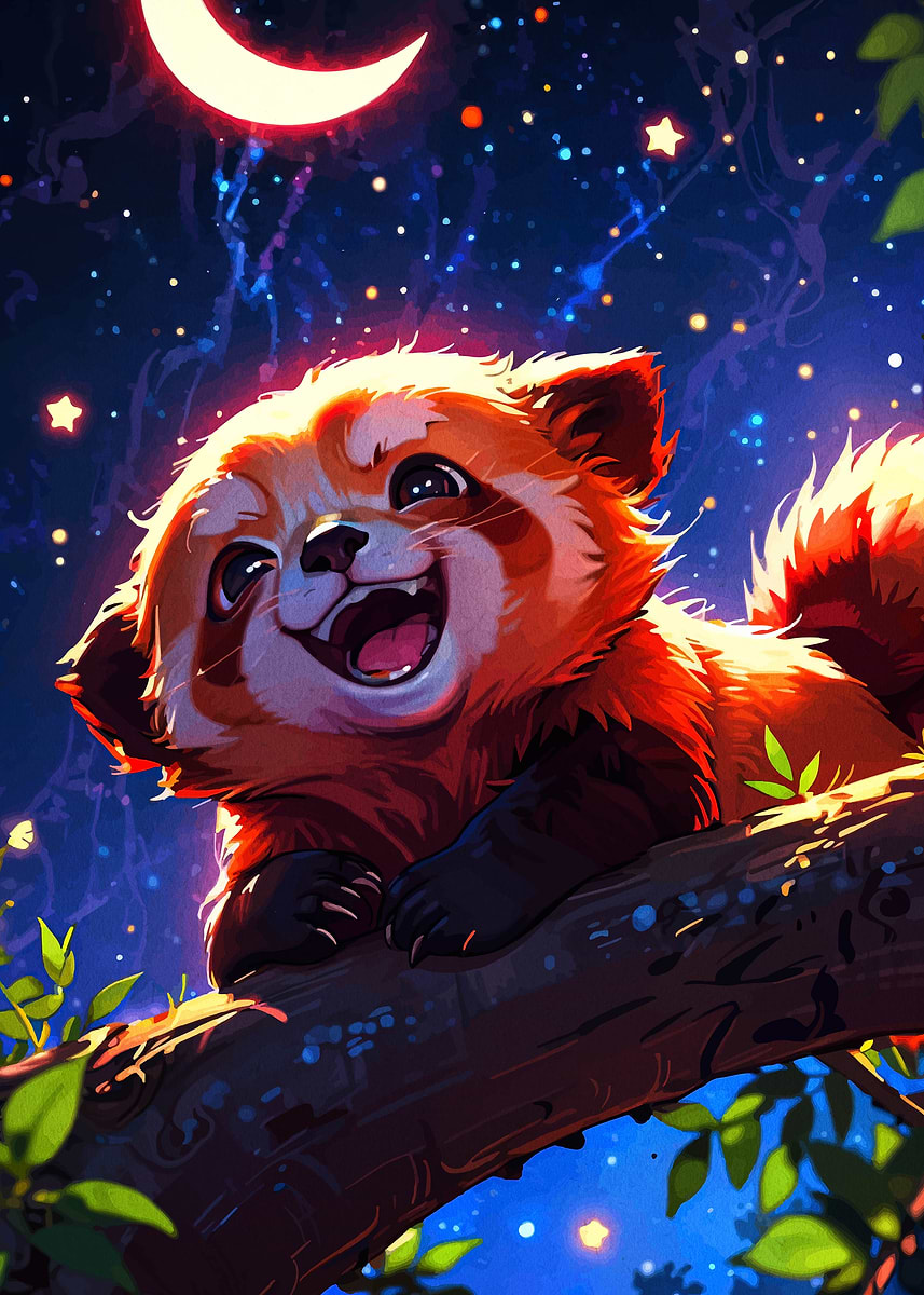 'Happy Red Panda Under Crescent Moon' Poster, picture, metal print ...