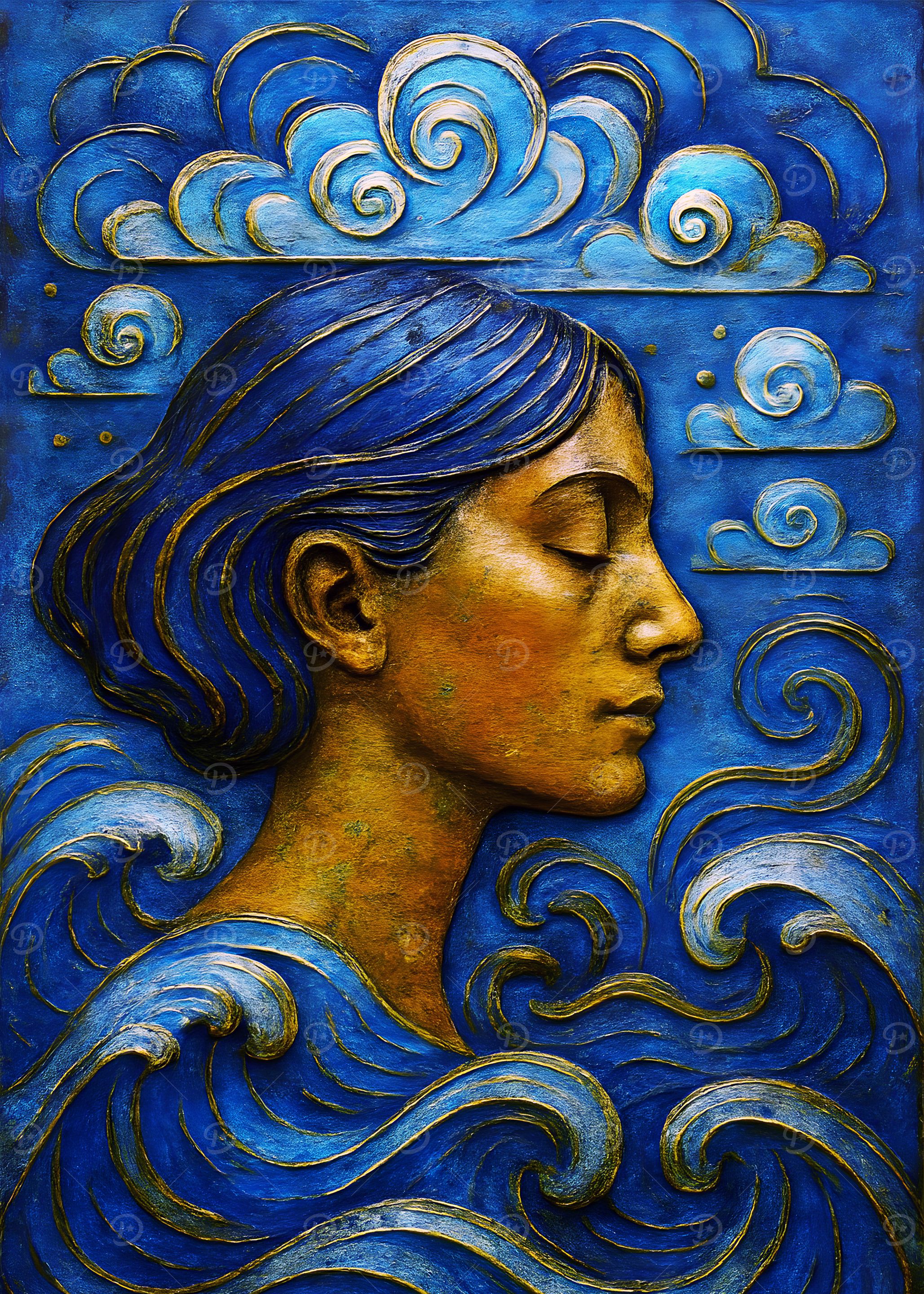 'Woman in Blue Waves and Clouds' Poster, picture, metal print, paint by ...