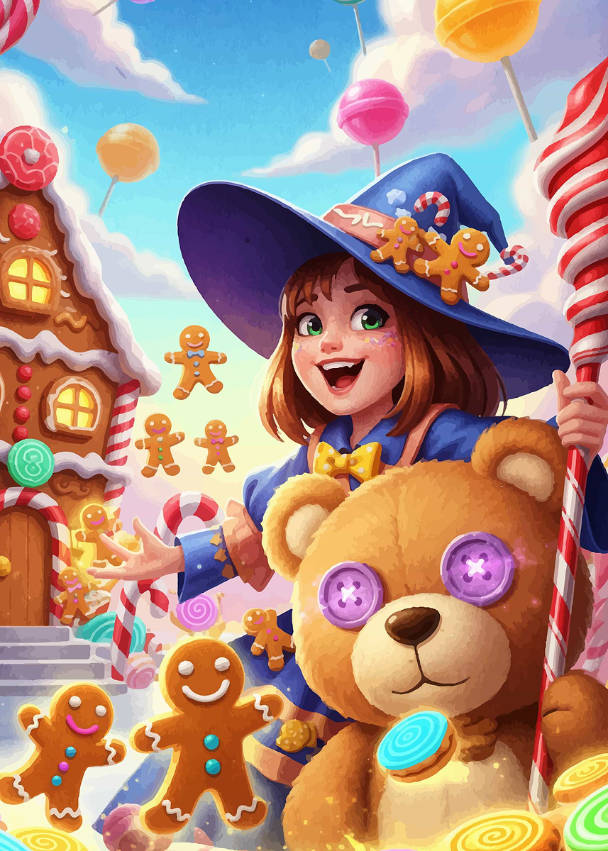 'Gingerbread Witch with Teddy Bear' Poster, picture, metal print, paint ...