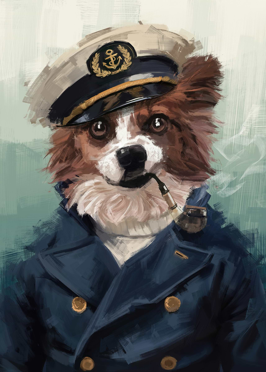 'Dog Captain Smoking Pipe Portrait' Poster, picture, metal print, paint ...