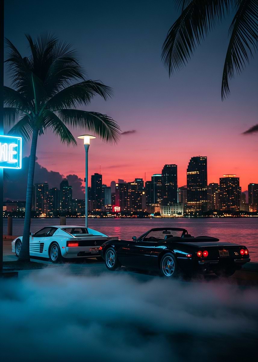 'Miami Vice Cars at Sunset Ferrari Daytona and Testarosa' Poster ...