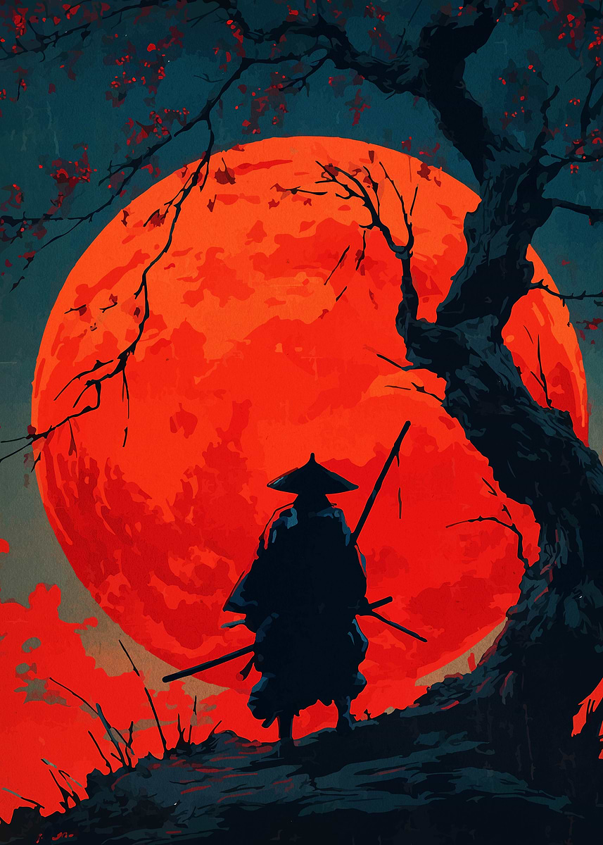 'Samurai under the Red Moon' Poster, picture, metal print, paint by ...