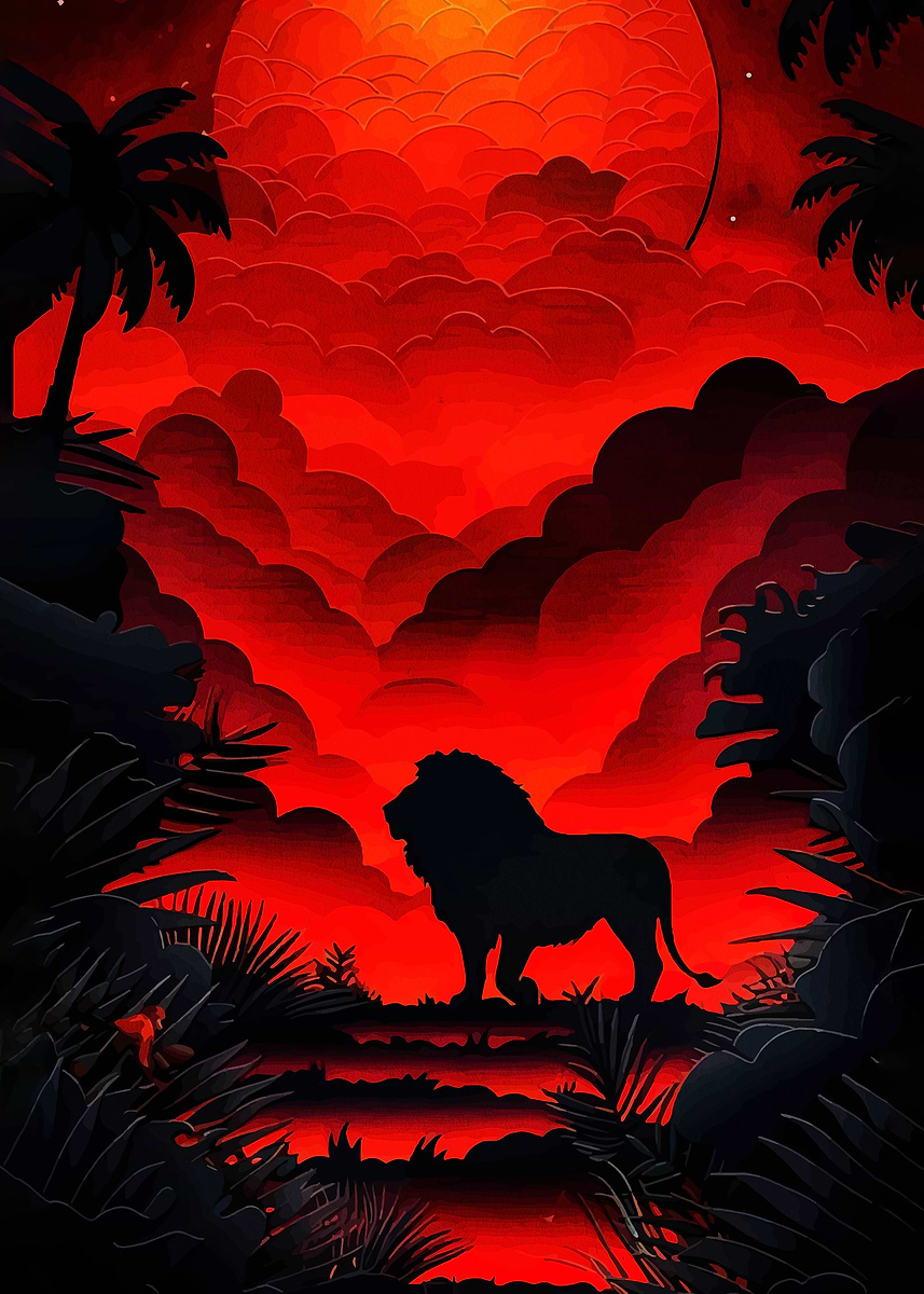 'Lion Silhouette in Red Jungle' Poster, picture, metal print, paint by ...
