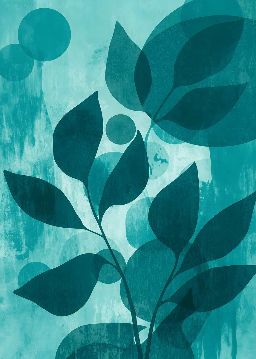 'Teal Leaves and Circles Abstract Art - Modern Nature-Inspired Art ...