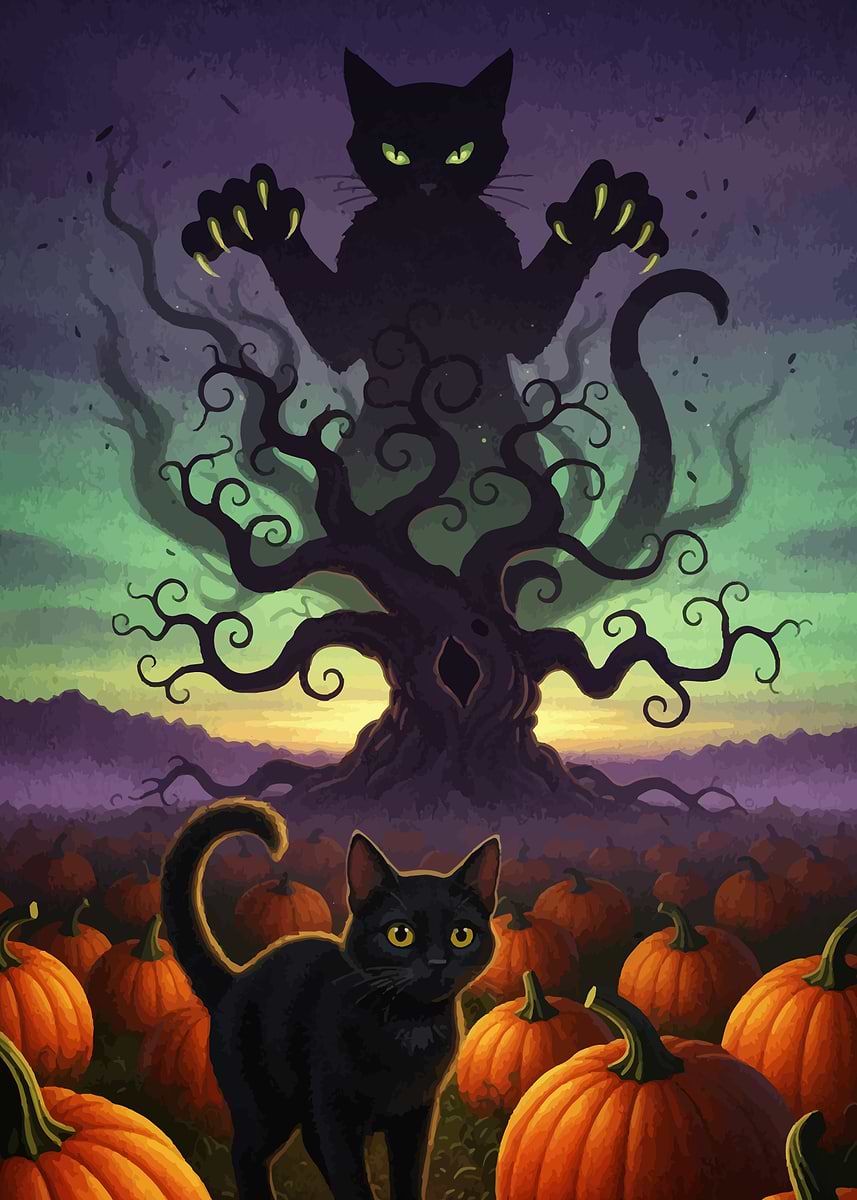'Black Cat in Pumpkin Patch Illustration' Poster, picture, metal print ...