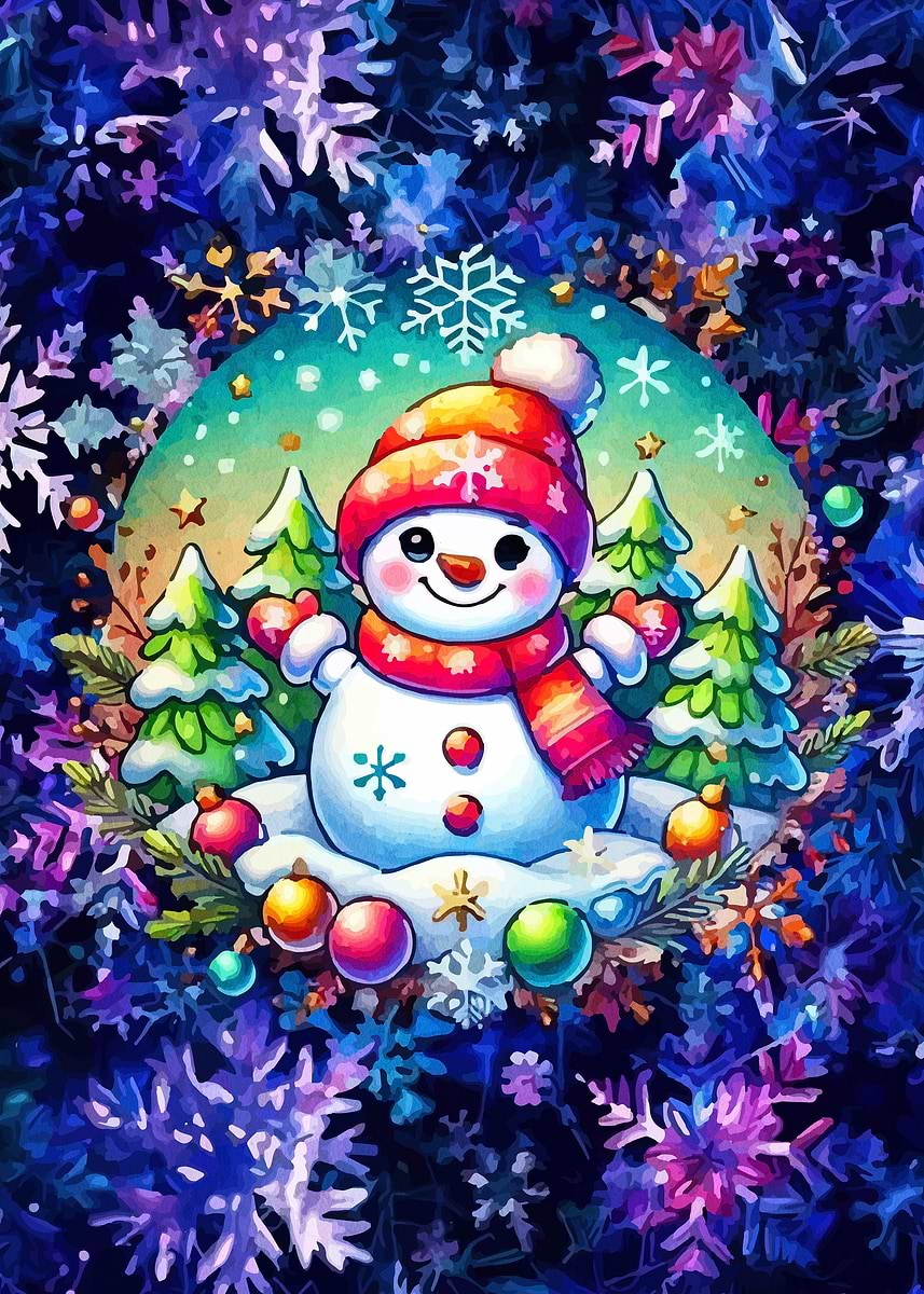 'Festive Snowman Watercolor Illustration' Poster, picture, metal print ...