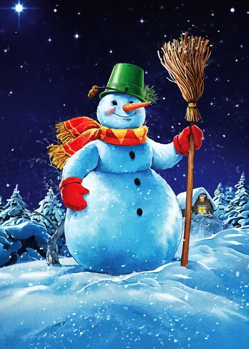 'Cheerful Snowman with Broom in Winter' Poster, picture, metal print ...