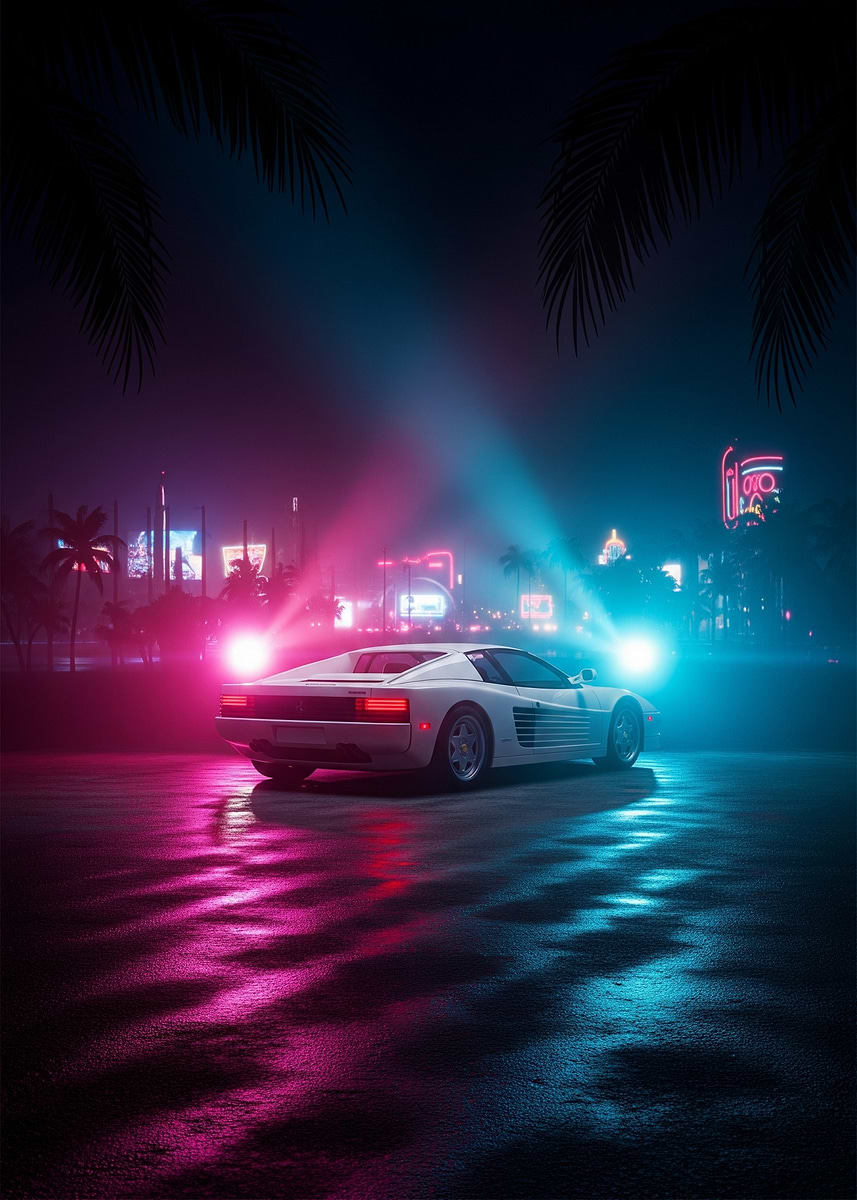 'Ferrari Testarossa in Neon Cityscape ' Poster, picture, metal print ...