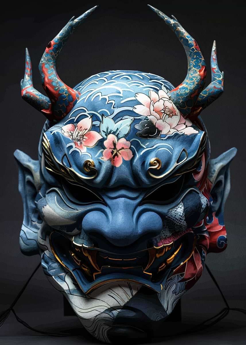 'Detailed Oni Mask with Floral Design' Poster, picture, metal print ...
