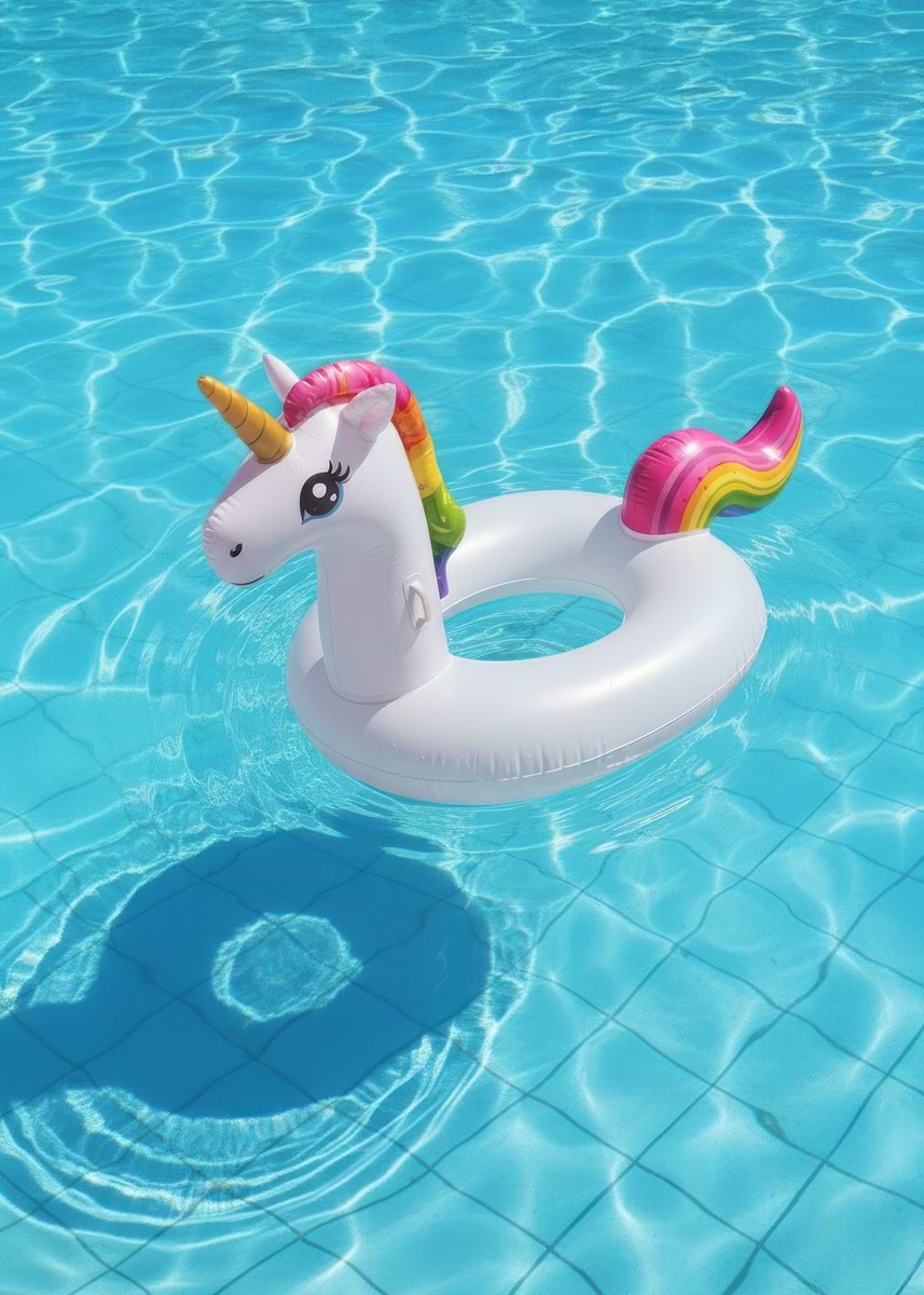 'Unicorn Pool Float in Blue Water - Summer' Poster, picture, metal ...