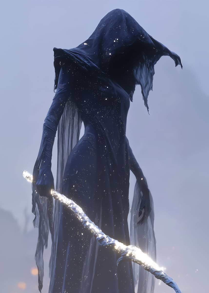 'Ethereal hooded figure with glowing staff' Poster, picture, metal ...